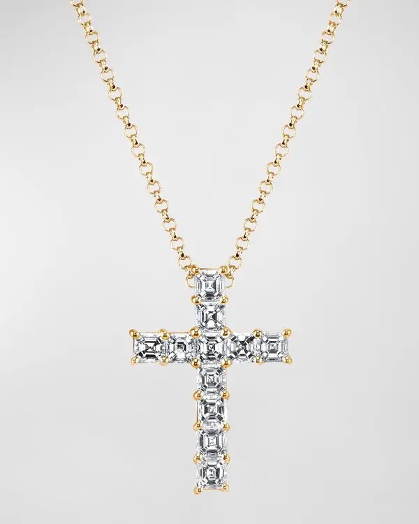 Neiman Marcus 18k Gold Asscher Cut Diamond Cross Pendant Necklace - Yellow Gold