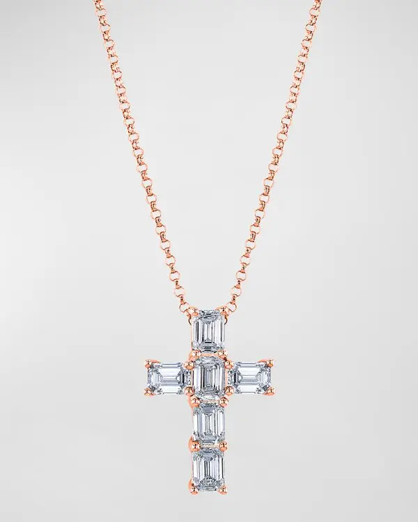 Neiman Marcus 18k Gold Emerald Cut Diamond Cross Pendant Necklace - Rose Gold