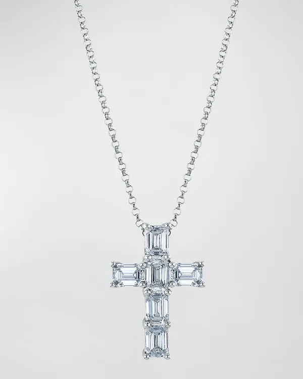 Neiman Marcus 18k Gold Emerald Cut Diamond Cross Pendant Necklace - White Gold