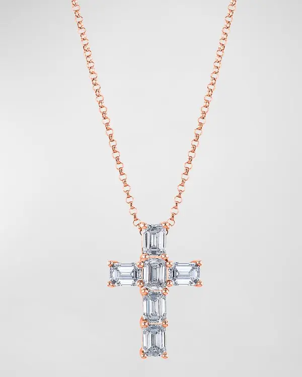 Neiman Marcus 18k Gold Emerald Cut Diamond Cross Pendant Necklace - Rose Gold