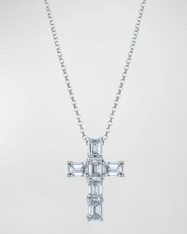 Neiman Marcus 18k Gold Emerald Cut Diamond Cross Pendant Necklace - White Gold