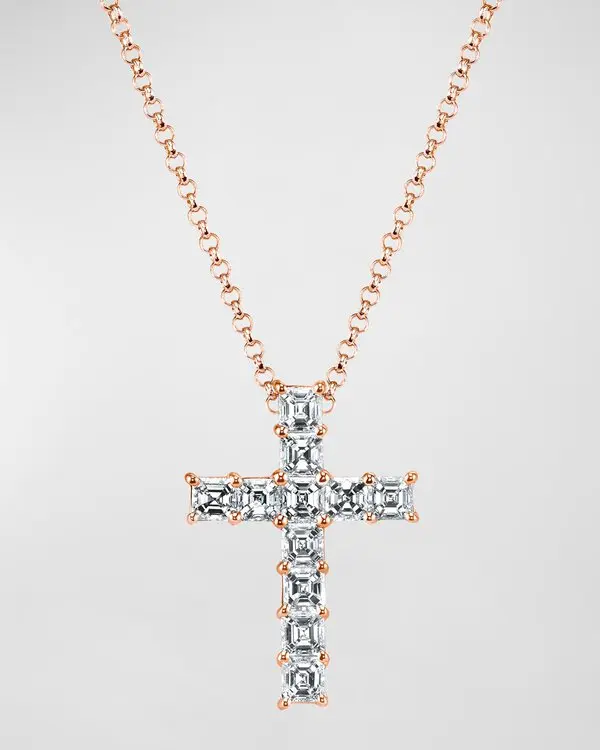 Neiman Marcus 18k Gold Asscher Cut Diamond Cross Necklace - Rose Gold