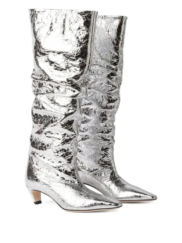 MSGM Ruched Foiled Leather Boots - Silver