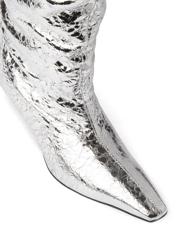 MSGM Ruched Foiled Leather Boots - Silver