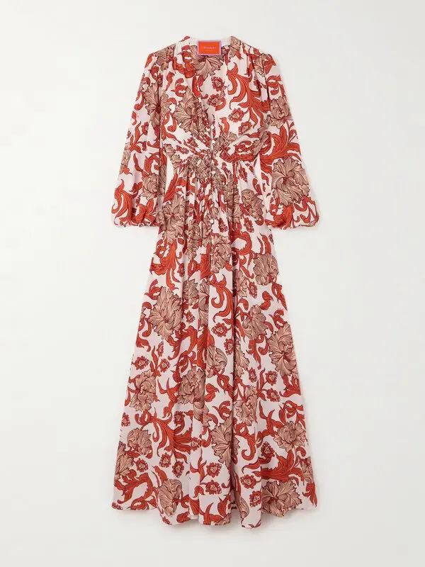 La DoubleJ Long Camerino Ruffled Printed Silk Maxi Dress - Orange