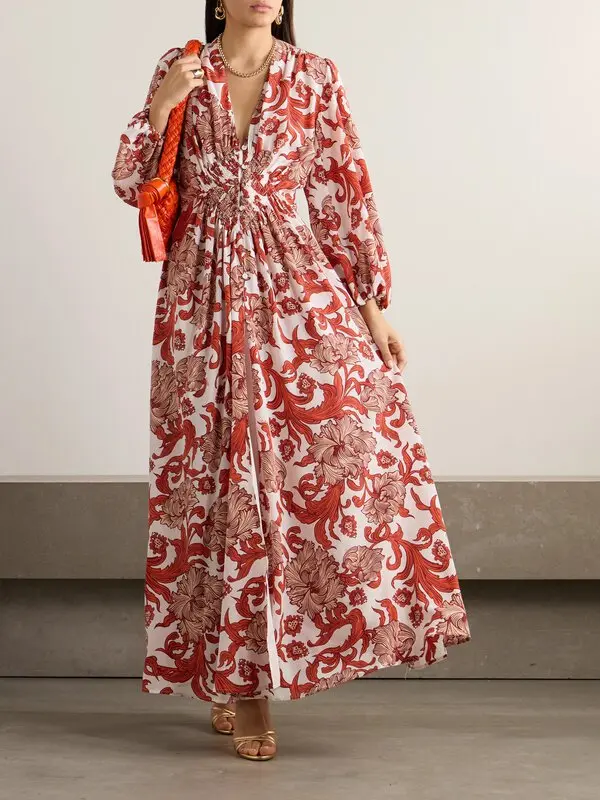 La DoubleJ Long Camerino Ruffled Printed Silk Maxi Dress - Orange