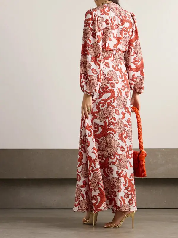 La DoubleJ Long Camerino Ruffled Printed Silk Maxi Dress - Orange