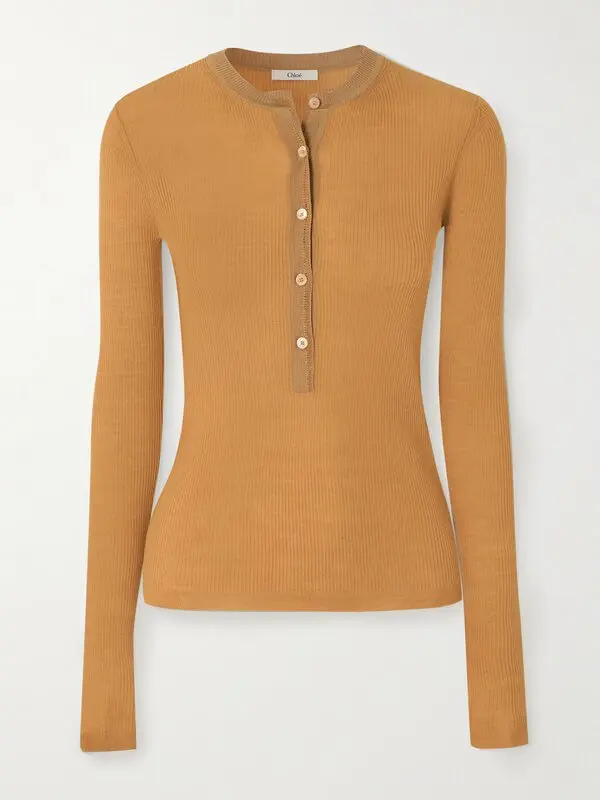 Chloé Ribbed Wool Henley Sweater - Brown