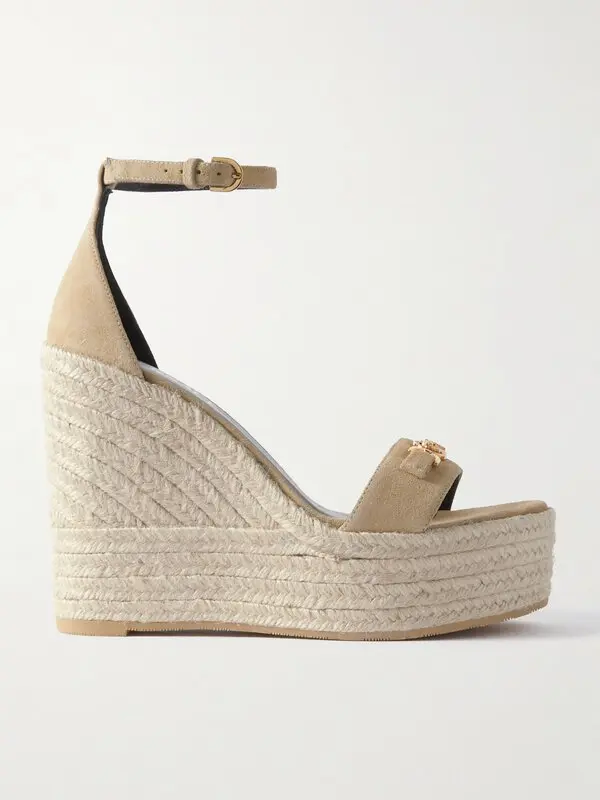 Versace Embellished Suede Espadrille Wedge Sandals - Brown
