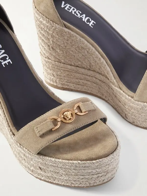 Versace Embellished Suede Espadrille Wedge Sandals - Brown