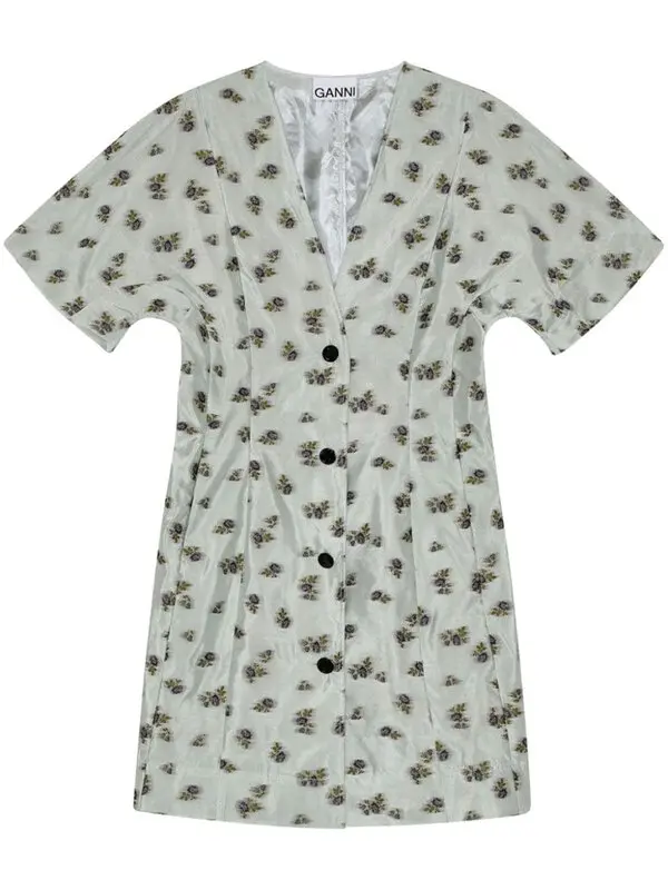 GANNI Floral Print Mini Dress - Neutrals
