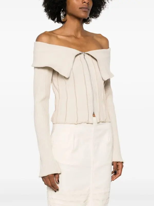 Kerne.Milk Cleo Off-Shoulder Ribbed Jacket In Neutrals - 53% Off