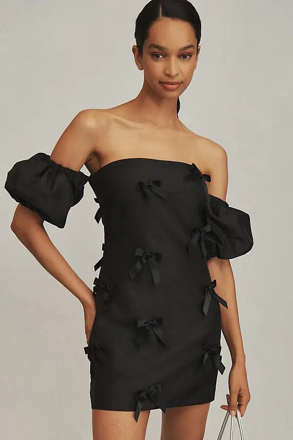 open lace back dress Rasario Off-The-Shoulder Bow Mini Dress – Runway Catalog main image 1