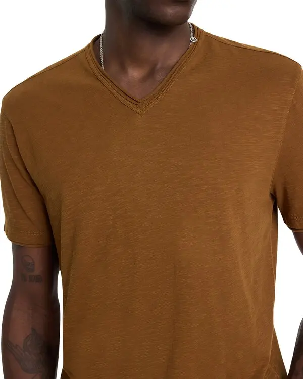 John Varvatos Miles Cotton Textured V Neck Tee - Sienna Brown