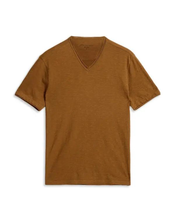 John Varvatos Miles Cotton Textured V Neck Tee - Sienna Brown