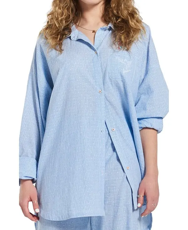 PEACHAUS Yew Striped Ethical-cotton Pajama Shirt - Mountain Blue