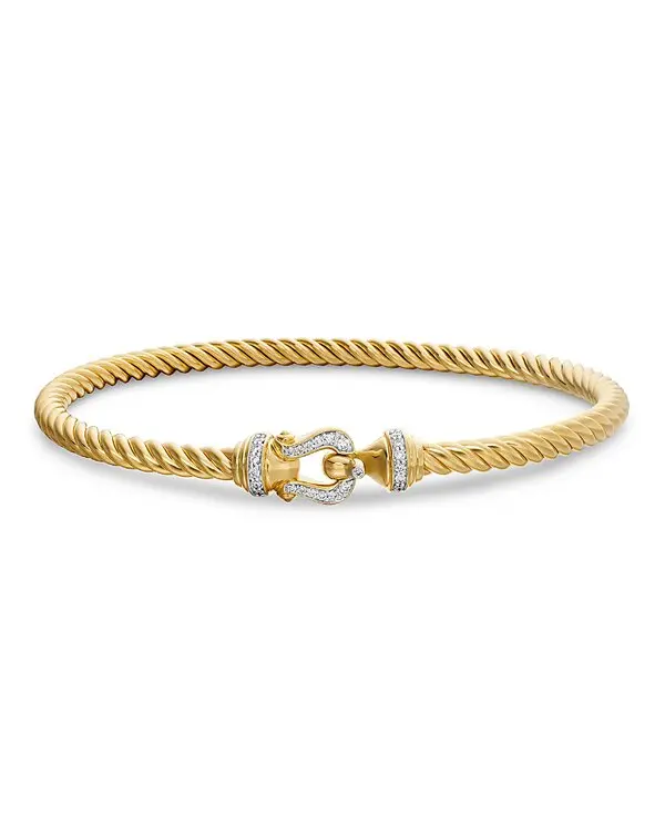 David Yurman 18k Yellow Cable Collection Diamond Buckle Cablespira Bangle Bracelet - Gold