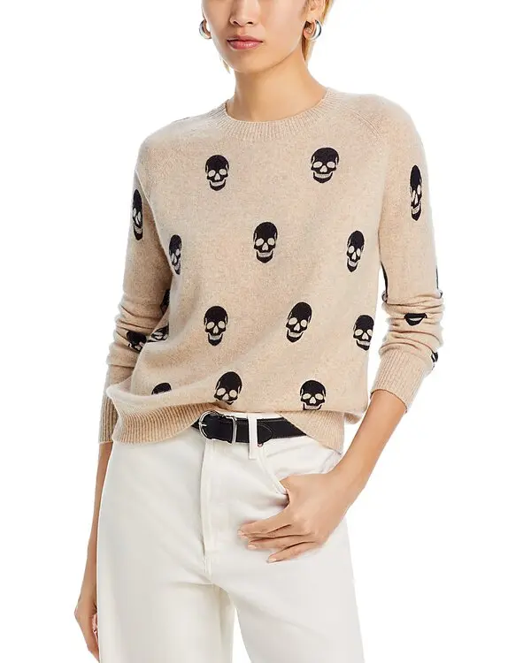 Aqua 100% Cashmere Skull Print Crewneck Sweater