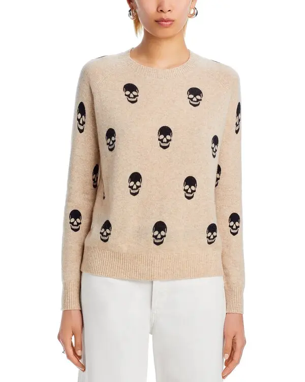 Aqua 100% Cashmere Skull Print Crewneck Sweater