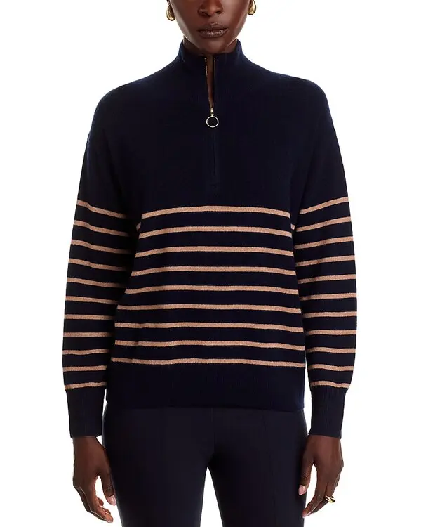 Bloomingdale'S Mock Neck Quarter Zip Striped Sweater - Navy/camel
