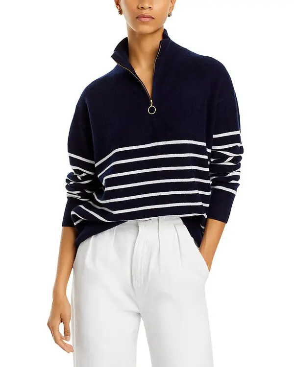 Bloomingdale'S Mock Neck Quarter Zip Striped Sweater - Navy/ivory