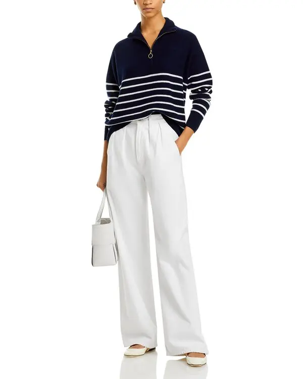 Bloomingdale'S Mock Neck Quarter Zip Striped Sweater - Navy/ivory