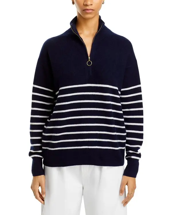 Bloomingdale'S Mock Neck Quarter Zip Striped Sweater - Navy/ivory
