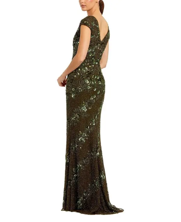 slim fit dress slacks Mac Duggal Womens Metallic Embellished Evening Dress Green 12