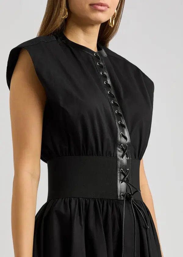 AlaA Lace-Up Cotton-Poplin Midi Dress - Black | Editorialist