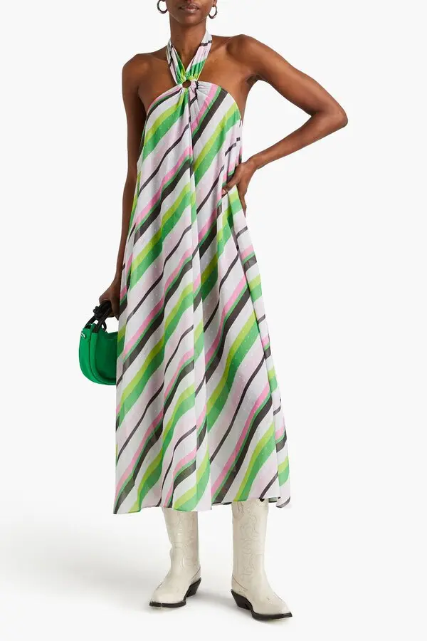 Ganni Striped Swiss-Dot Georgette Halterneck Midi Dress In Green - 70% Off  | Editorialist