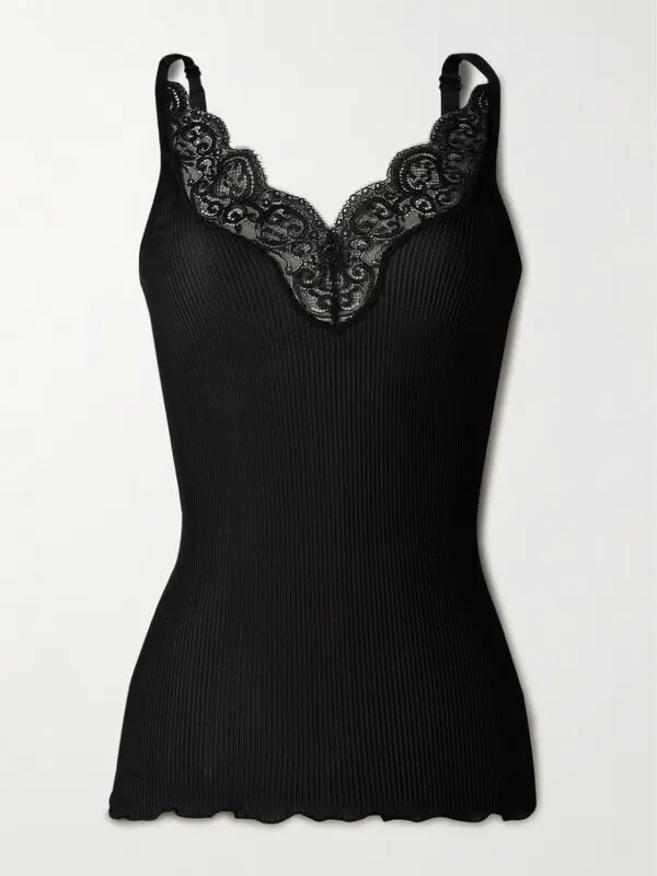 Saint Laurent Lace-trimmed Ribbed Tank Top - Black