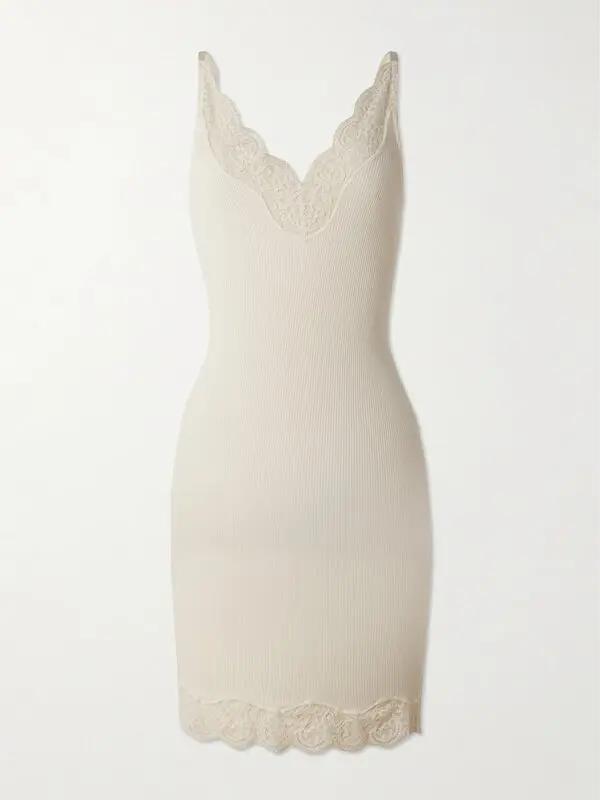 Saint Laurent Lace-trimmed Ribbed Silk-jersey Mini Dress - Neutrals
