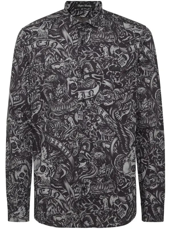 Philipp Plein Tattoo-print Long-sleeve Shirt - Black