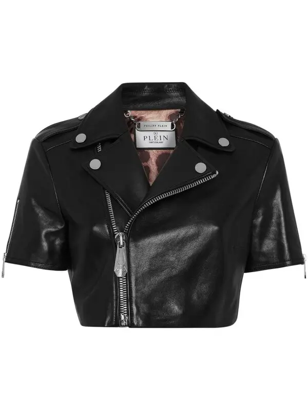 Philipp Plein Leather Cropped Biker Jacket - Black