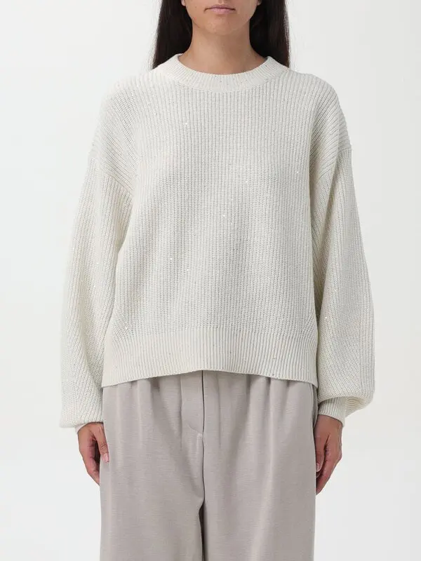 Brunello Cucinelli Sequined Ribbed Knit Pullover - White