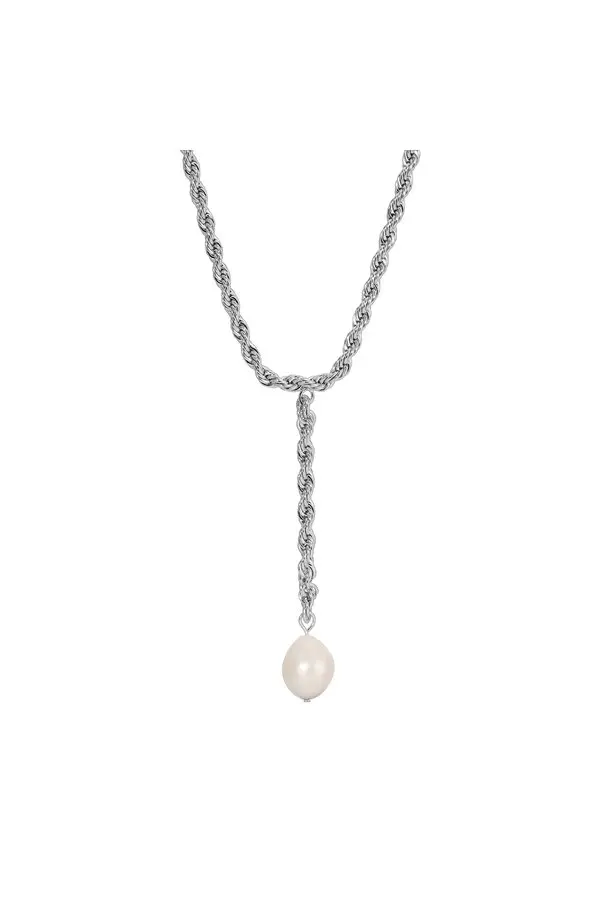 LEEADA Bryn Pearl Lariat Necklace - Silver