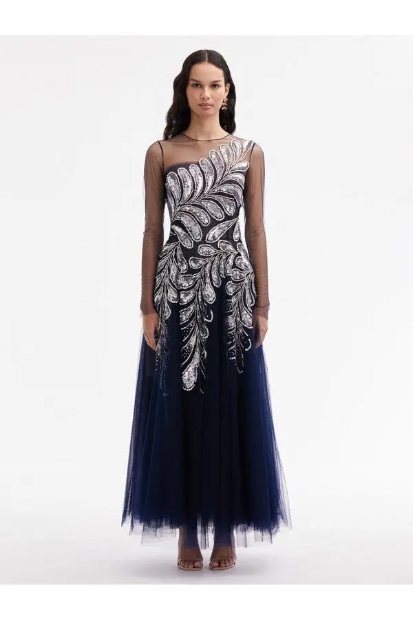 oscar de la renta formal dresses 2000S OSCAR de LA RENTA Champagne Beaded Tulle Gown & Shawl main image 1