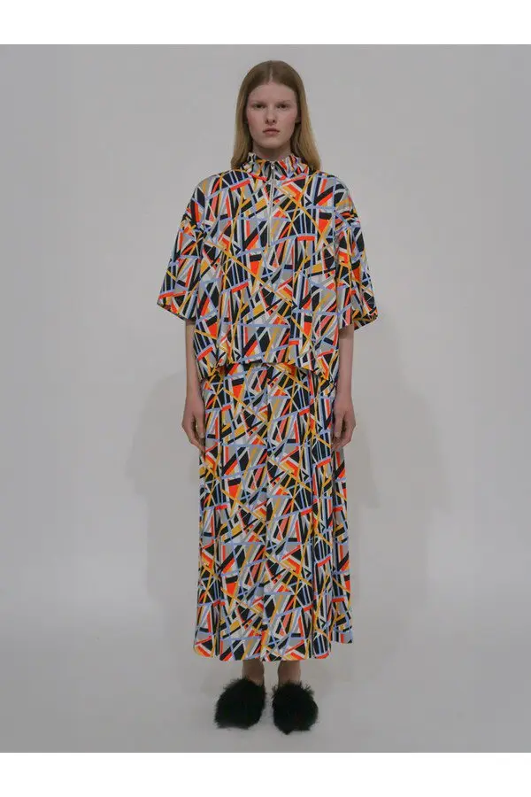 Rosetta Getty Pull-on Pleated Maxi Skirt Abstract Paint Lines