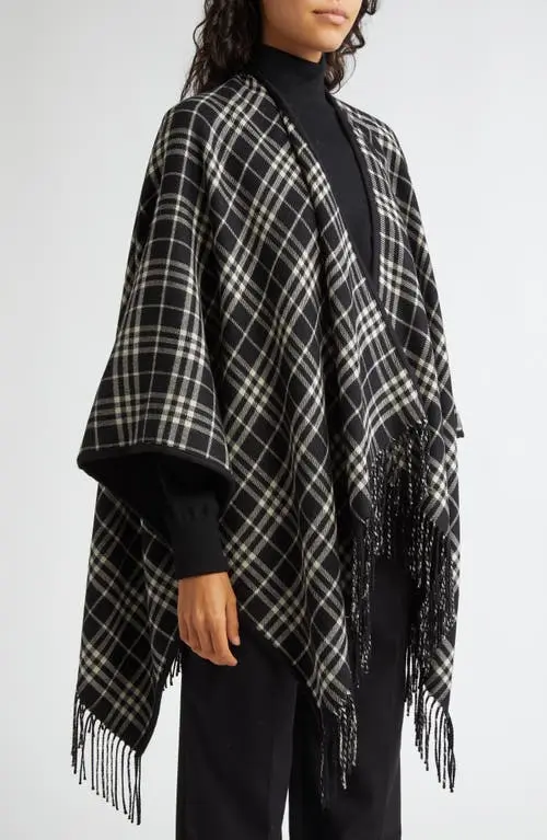 Burberry Reversible Open Front Wool Cape Black/Calico Ip Chk
