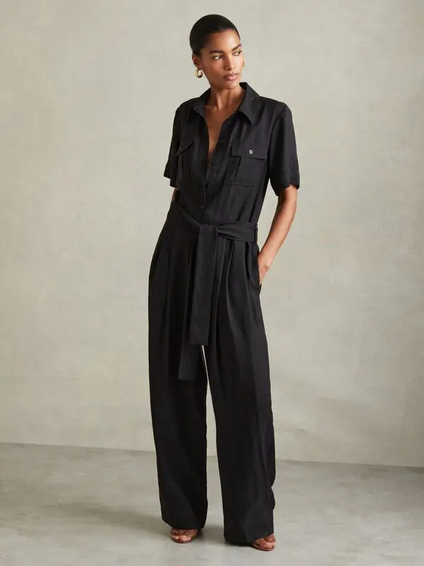 REISS Joanie Belted Utility Jumpsuit - Black