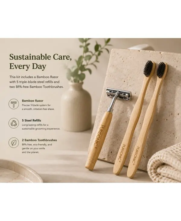 PURSONIC Eco Friendly Razor & Toothbrushes Combo Pack - Beige