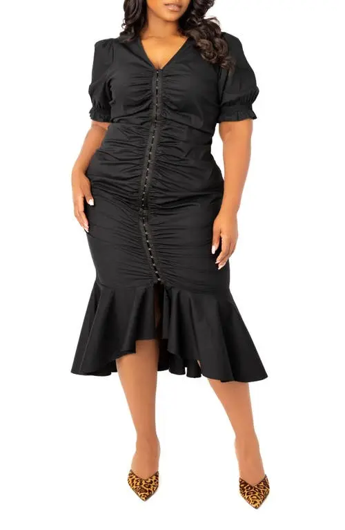 BUXOM COUTURE Ruched Fishtail Midi Dress - Black
