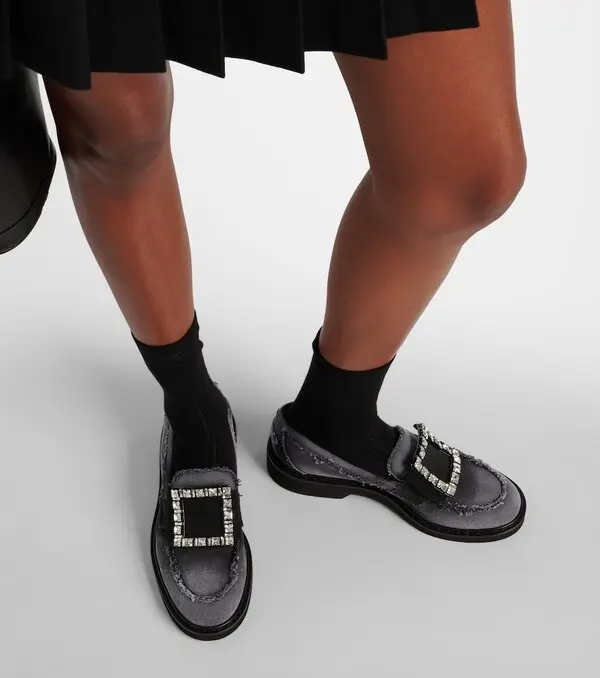 ROGER VIVIER Viv' Ranger Embellished Denim Loafers - Grey