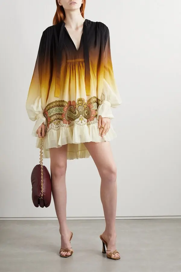 Etro Gathered Floral Printed Silk Crepe De Chine Mini Dress