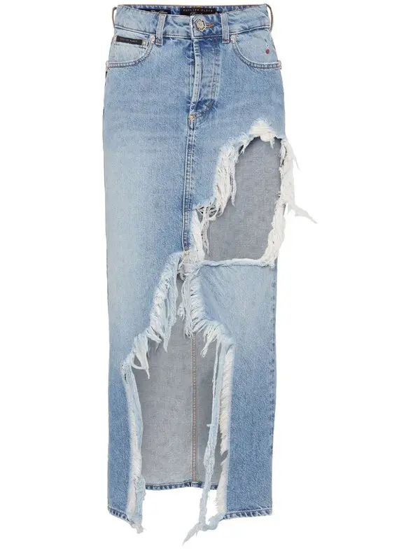 Philipp Plein Distressed Midi Denim Skirt - Blue