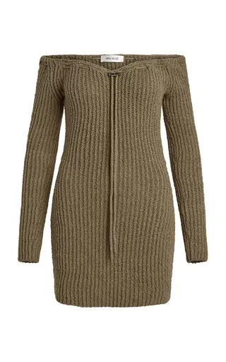 Aya Muse Edda Off-The-Shoulder Knit Cotton Mini Dress - Dark Green |  Editorialist