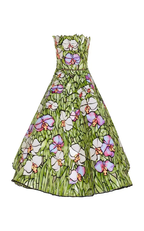 Oscar De La Renta Strapless Orchid Mosaic Embroidered Cocktail Dress -  Multi | Editorialist