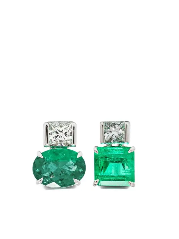 SAUER 18kt White Gold Agnes Diamond And Emerald Earrings - Silver