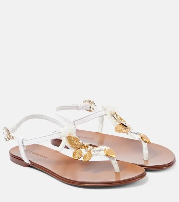 Dolce & Gabbana Embellished Leather Thong Sandals - White