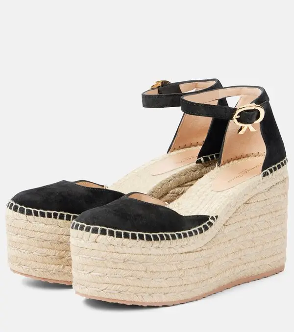 GIANVITO ROSSI Suede Platform Espadrille Wedges - Black